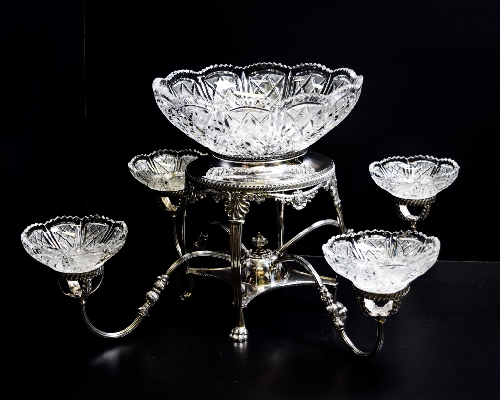 Corbell Silver Plate Four Armed Epergne with Cut Crystal Bowl Inserts ...